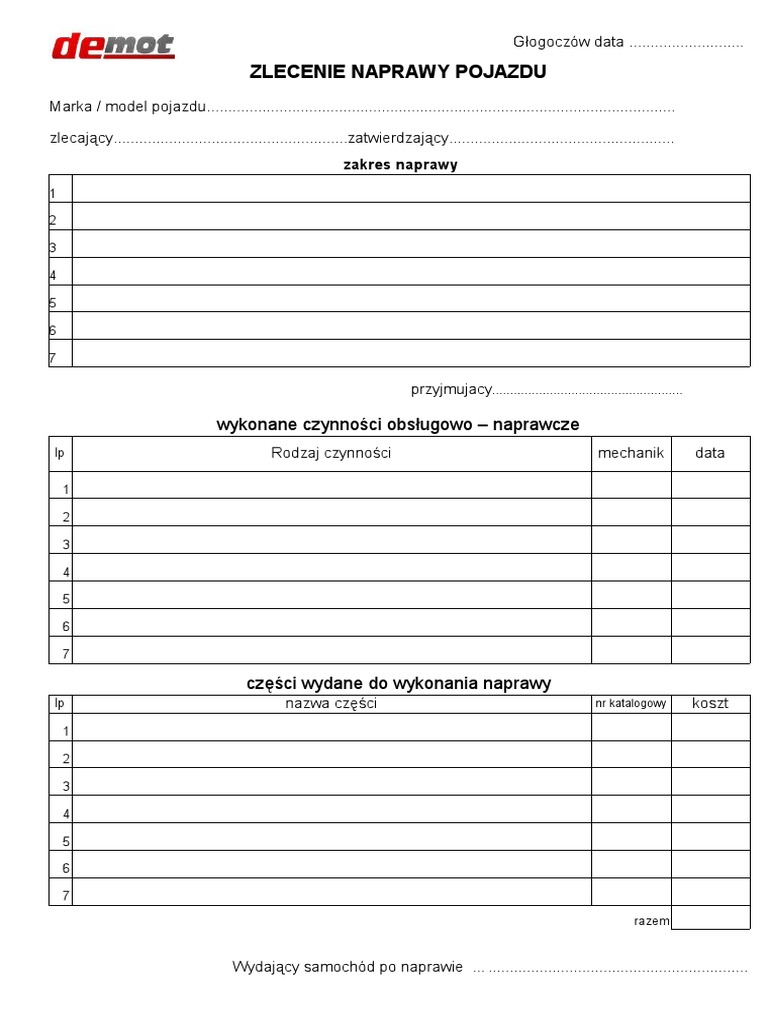 Zlecenie Naprawy Pojazdu Demot | PDF