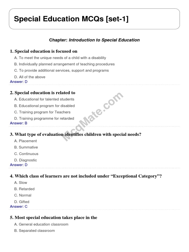 Introduction To Special Education Set 1 | PDF | Special Education ...