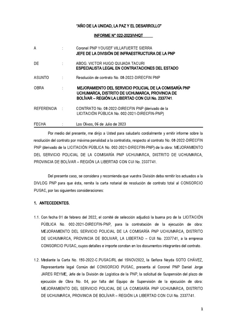 Resolución de Contrato Comisaría Uchumarca | PDF | Derecho