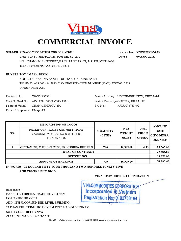 Commercial Invoice: Vietnamese, Current Crop, Sk1 Cashew Kernels | PDF ...