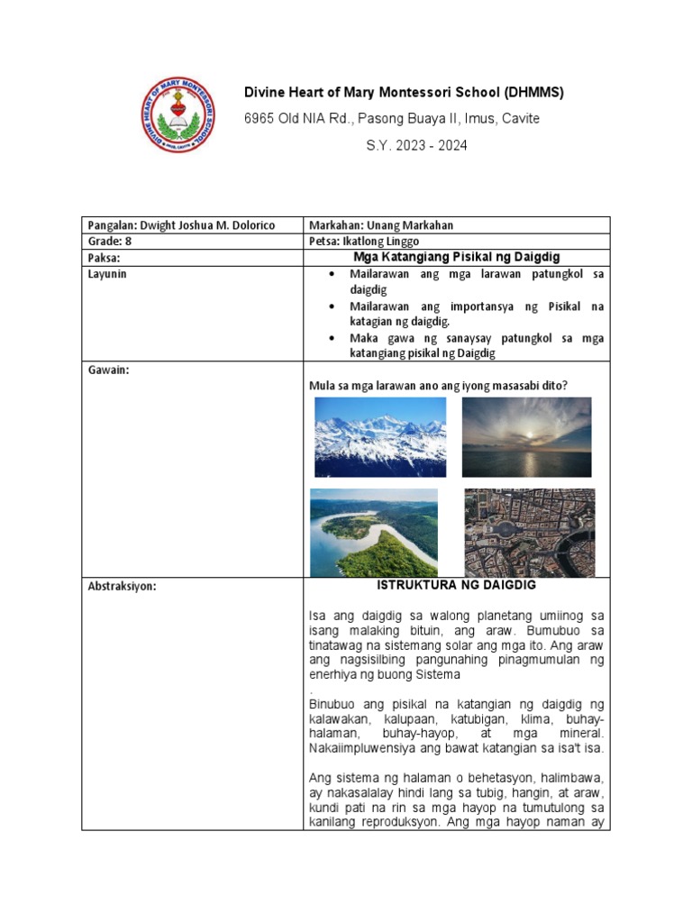 Lesson Plan Template Divine Heart of Mary Montessori School Week 3 | PDF