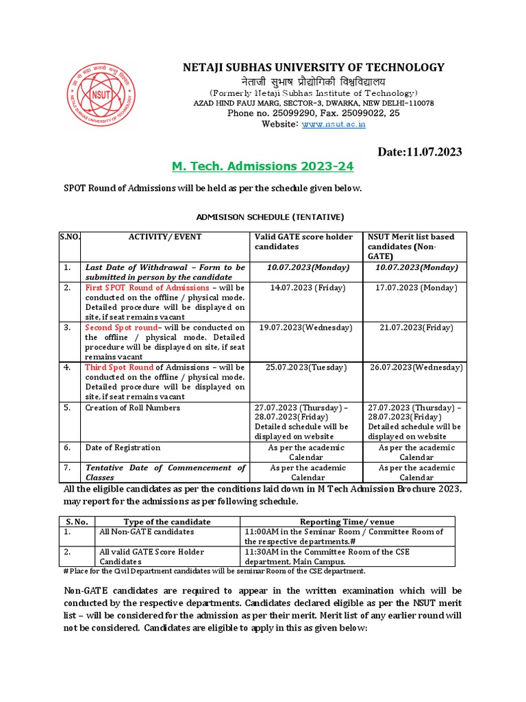 SPOT Round Procedure For M Tech Admissions 2023 For Website 11.7.2023 ...