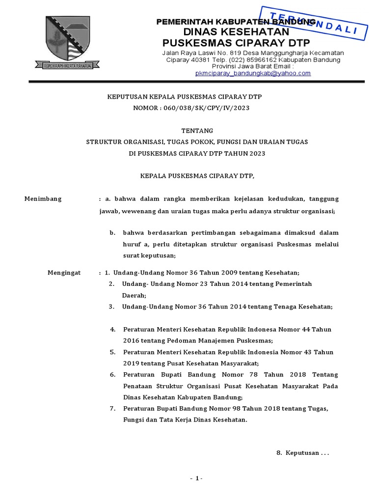 1.2.1.a SK Struktur Organisasi Puskesmas Ciparay DTP 2023 | PDF