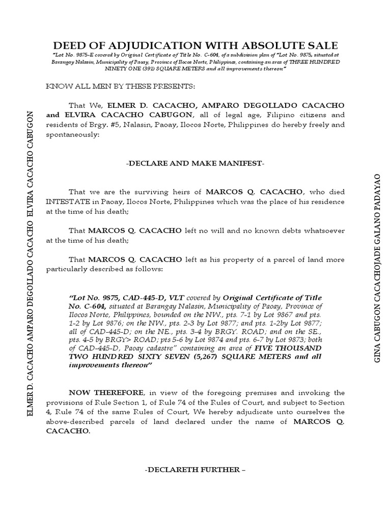 Deed of Adjudication With Absolute Sale - Marcos Q. Cacacho | PDF ...
