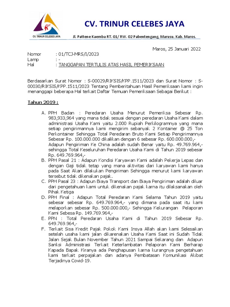 Tanggapan CV. TCJ SPHP Pajak | PDF