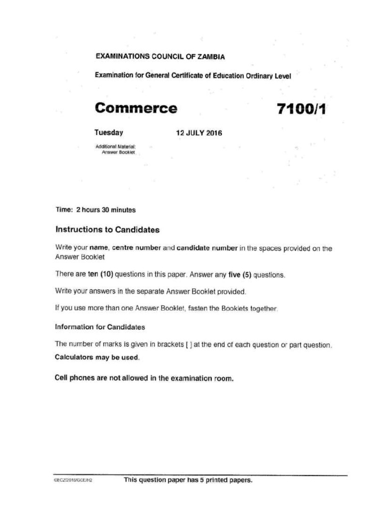 ECZ Grade 12 Commerce - p1 - 2016 - Gce | PDF