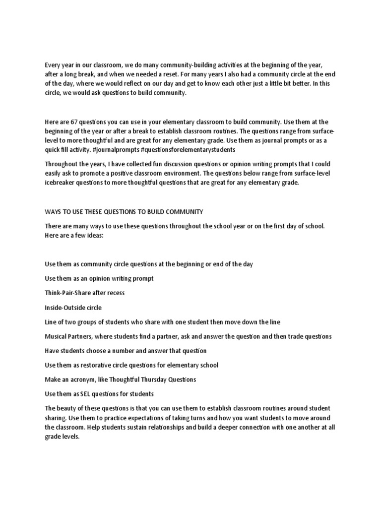 67 Questions for Building Classroom Community | PDF | Classroom