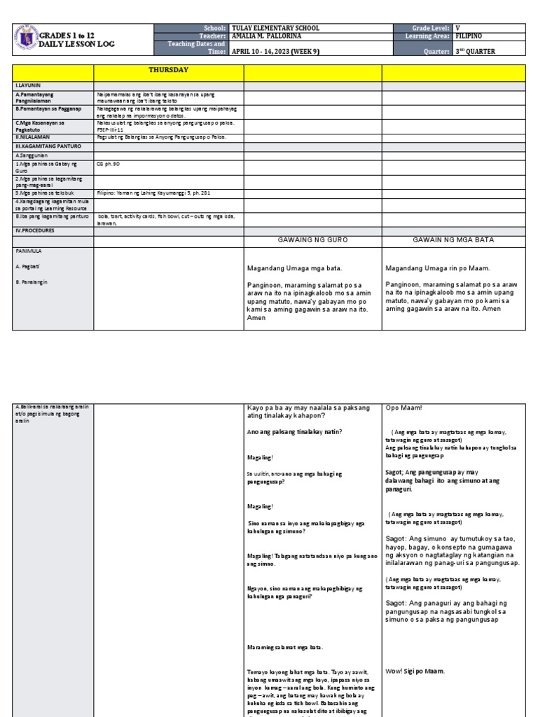 Filipino Lesson Plan Grade 5 | PDF