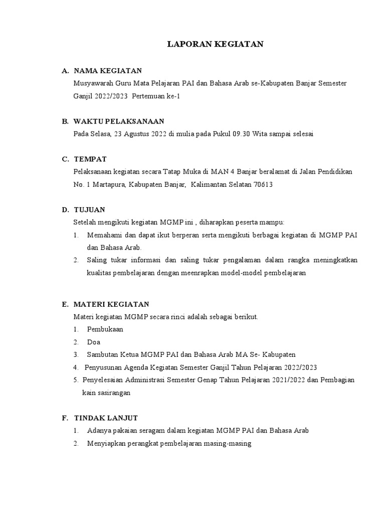 Laporan MGMP Pert 1 SD 8 | PDF | Bisnis