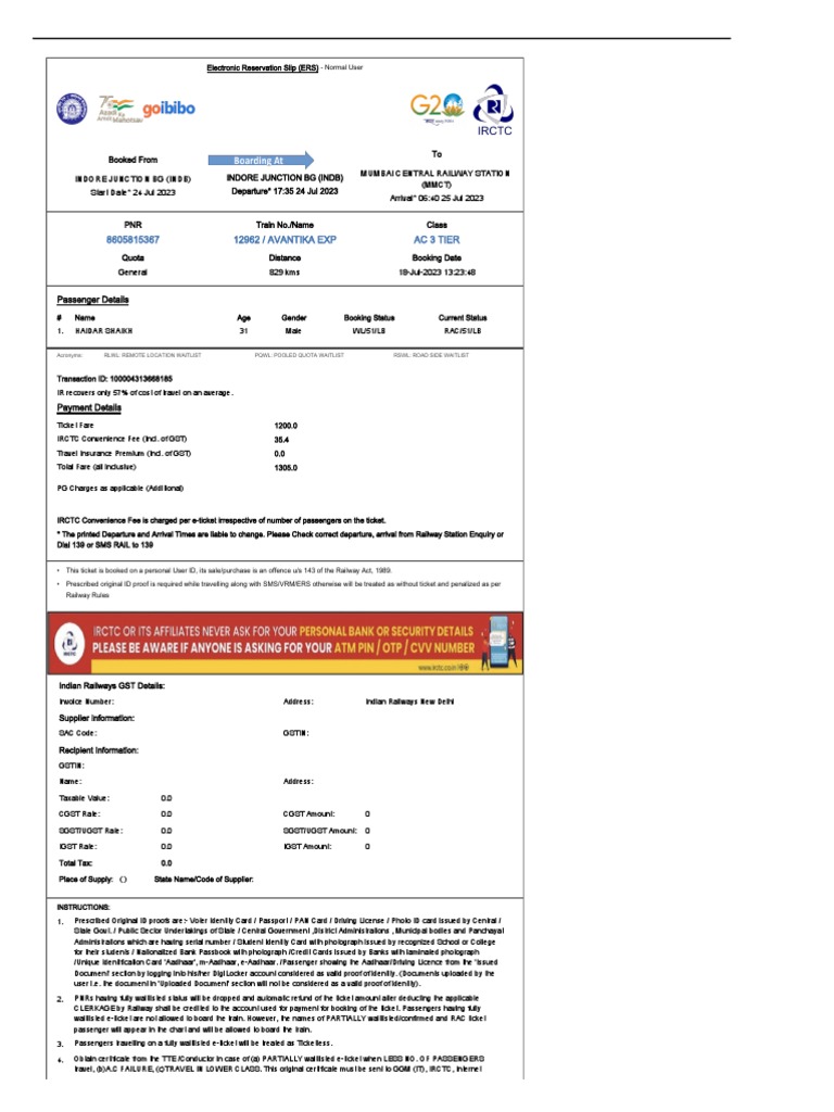 Irctc Ticket | PDF | Identity Document | Payments