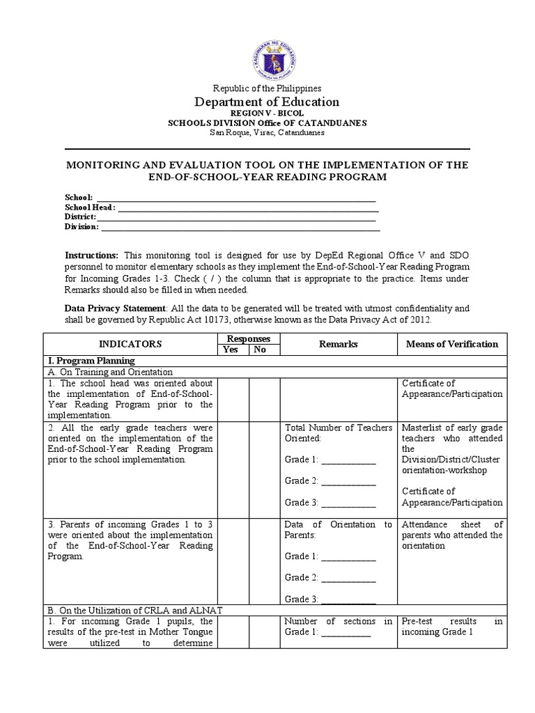 Monitoring-and-Evaluation-Tool-for-EOSY-Reading-Program | PDF | Teachers | Learning