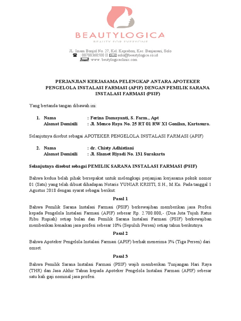 Perjanjian Kerjasama Pelengkap Antara Apoteker Pengelola Instalasi