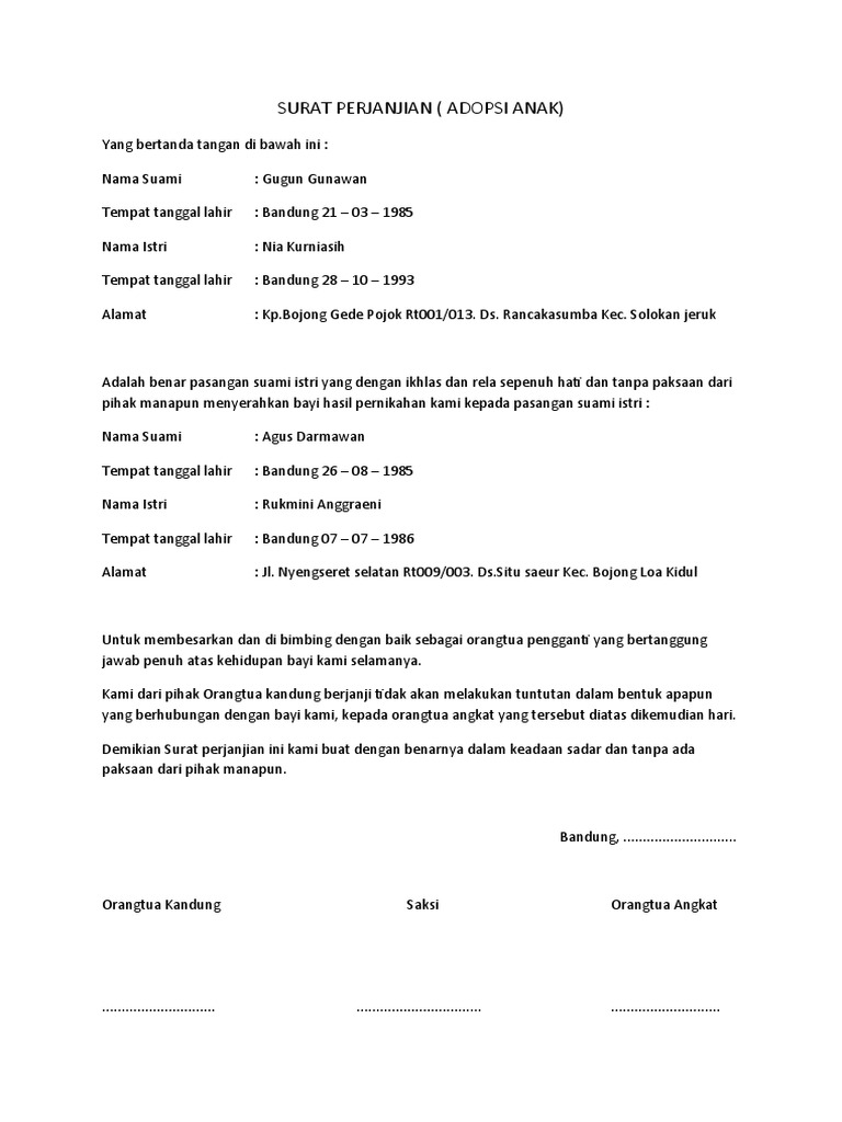 SURAT PERJANJIAN Adopsi Anak | PDF