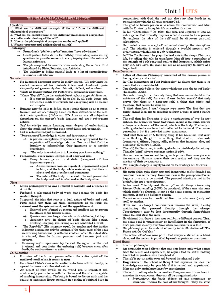 Understanding The Self Unit 1 Notes | PDF