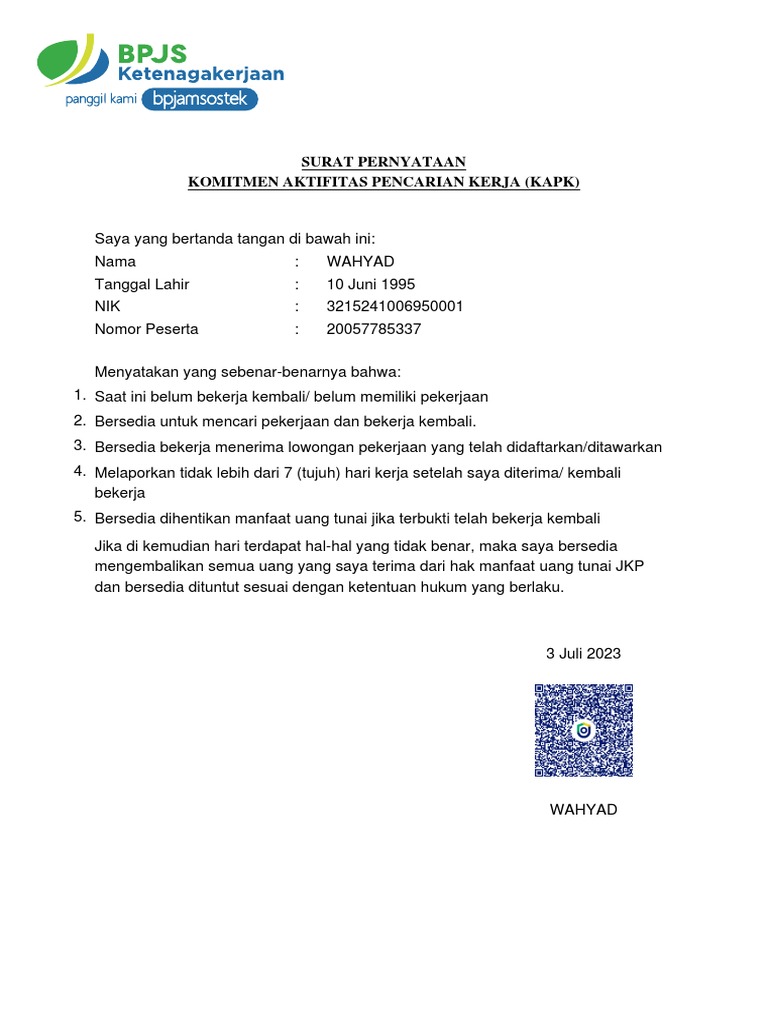 Surat Pernyataan Komitmen Aktifitas Pencarian Kerja (Kapk) | PDF