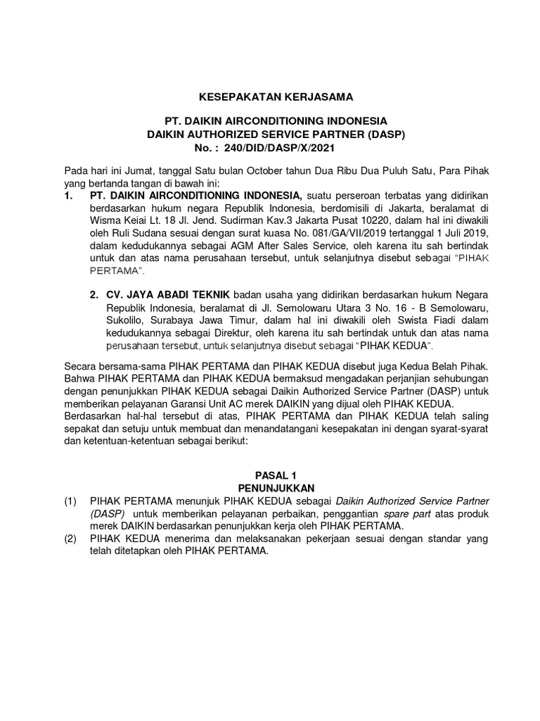 Dasp - Agreement Fy21 (Cv. Jaya Abadi Teknik) | PDF