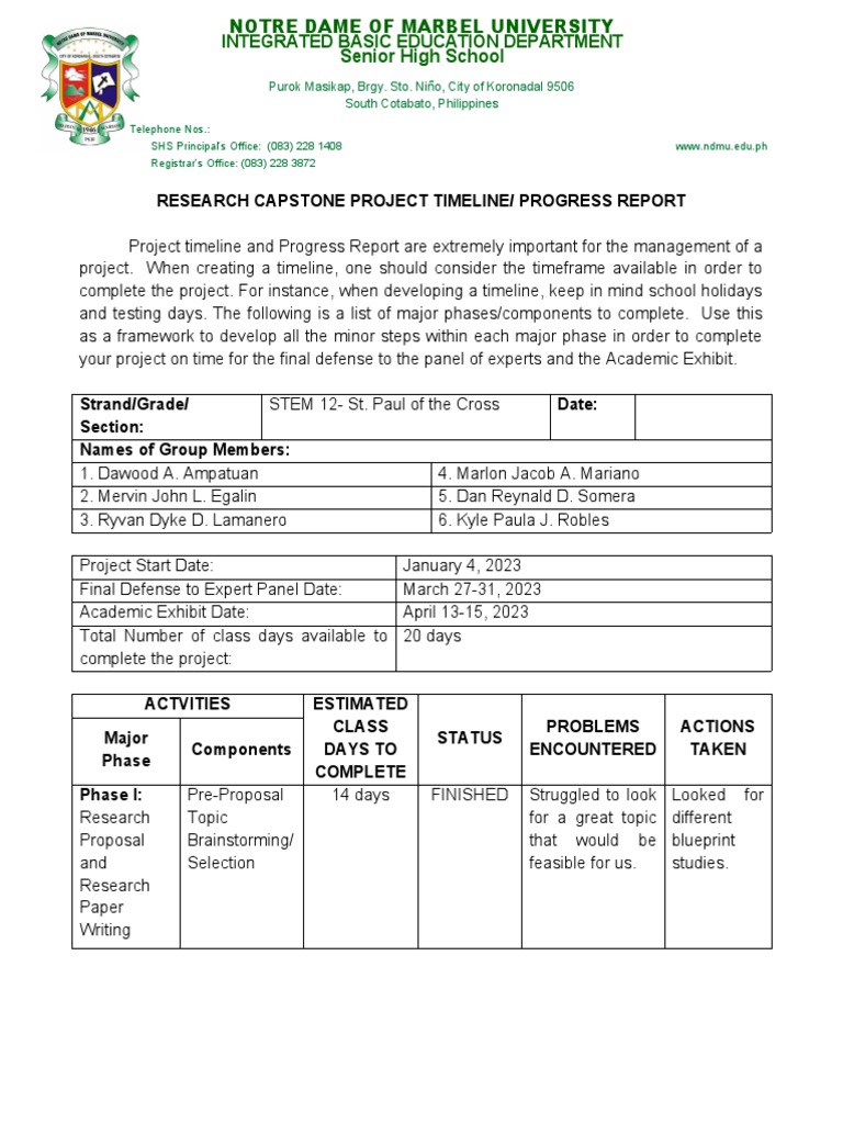 Research Capstone Project Timeline/ Progress Report: Integrated Basic ...