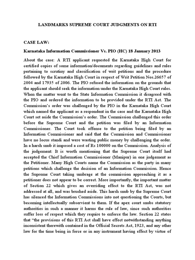 Landmarks Supreme Court Judgments On Rti | PDF