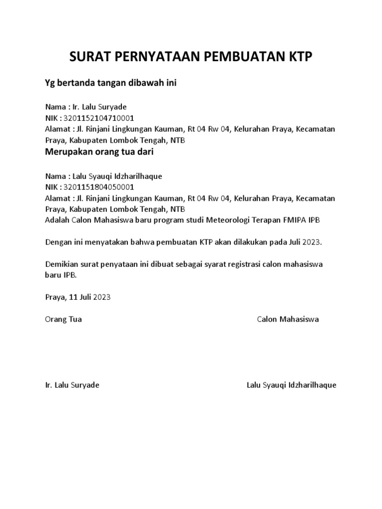 Surat Pernyataan Pembuatan KTP | PDF