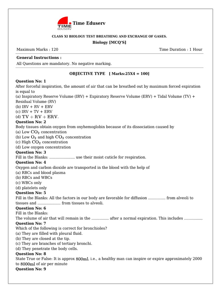 Class 11 MCQs on Breathing & Gas Exchange | PDF | Exhalation | Lung
