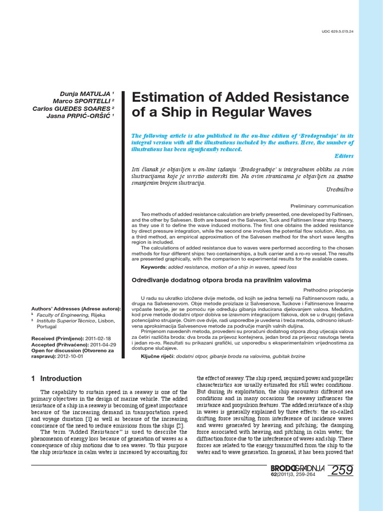 Estimation Of Added Resistance Of A Ship In Regular Waves Pdf