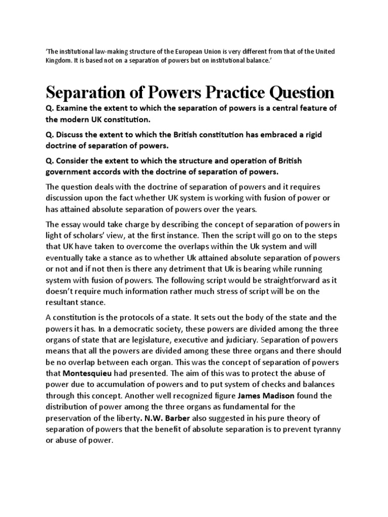 Separation of Powers Practice Question | PDF | Separation Of Powers ...
