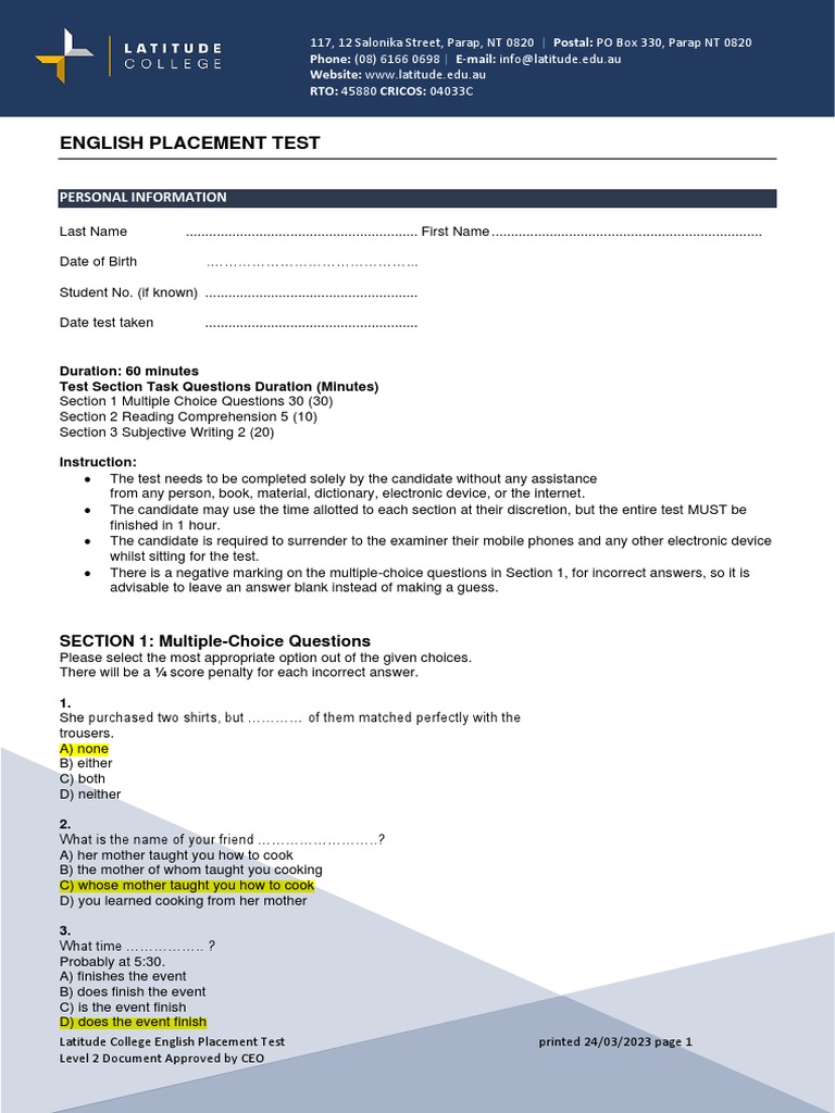 Latitude College English Placement Test | PDF | Multiple Choice