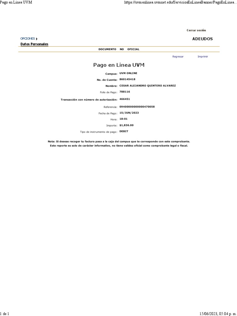 Pago en Línea UVM junio 2023 | PDF