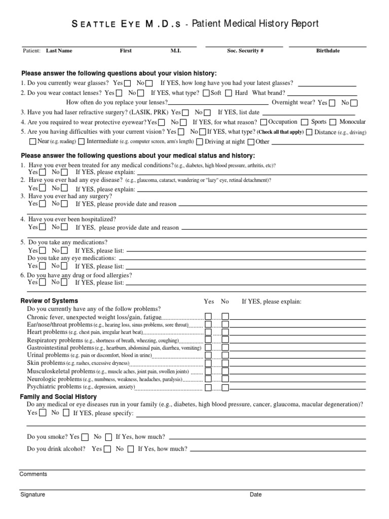 Patient Medical History Questionnaire | PDF | Glasses | Clinical Medicine