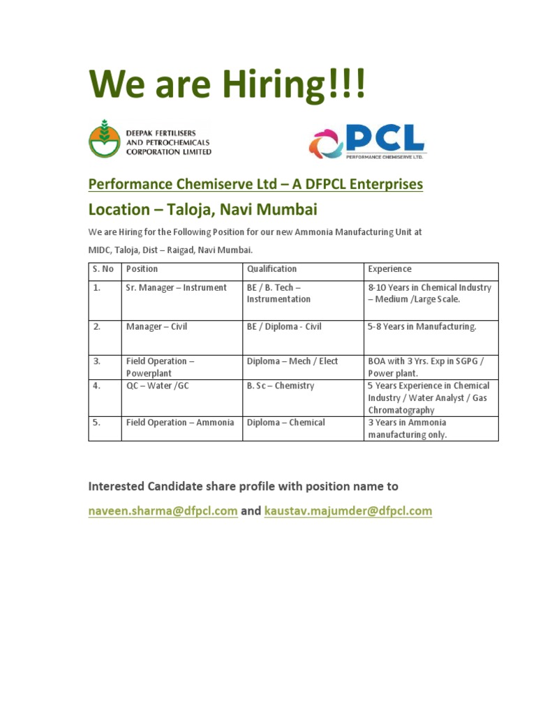 Performance Chemiserve LTD Taloja Navi Mumbai Is Hiring 1689076533 | PDF