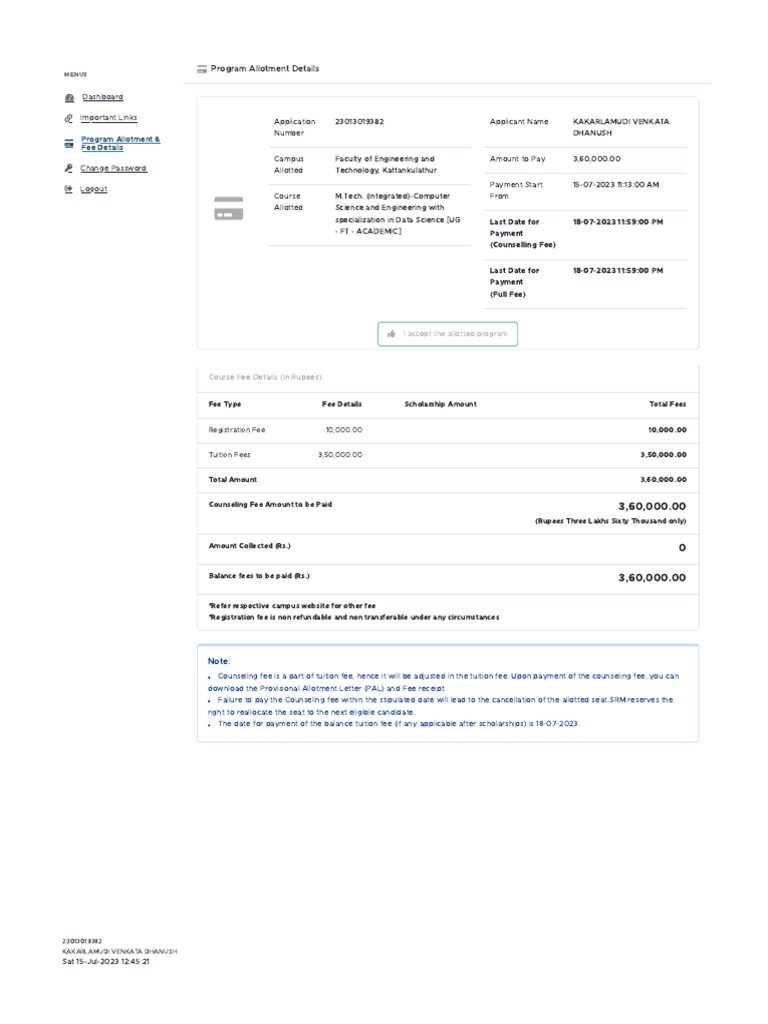 SRMIST Online Admission PortalPDF - 230715 - 125225 | PDF | Fee ...