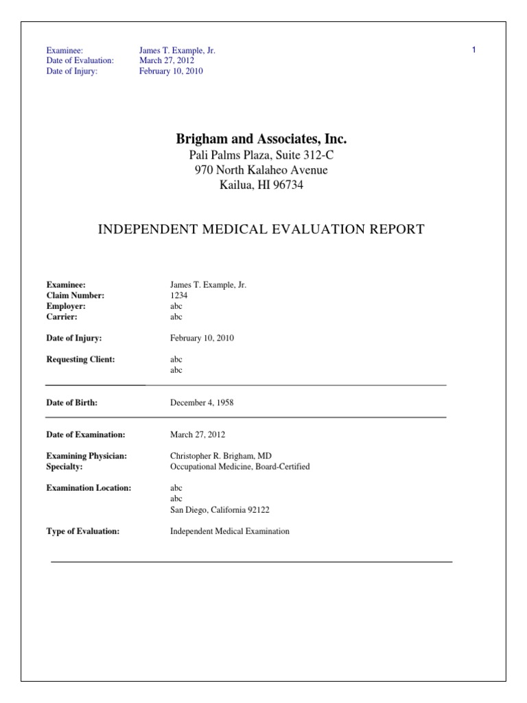 Independent Medical Evaluation Report | PDF | Back Pain | Low Back Pain