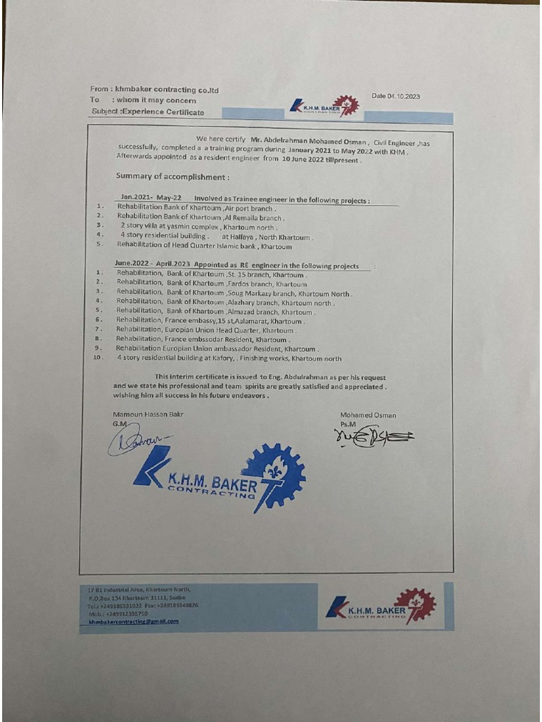 Experience Certificate From KHM | PDF