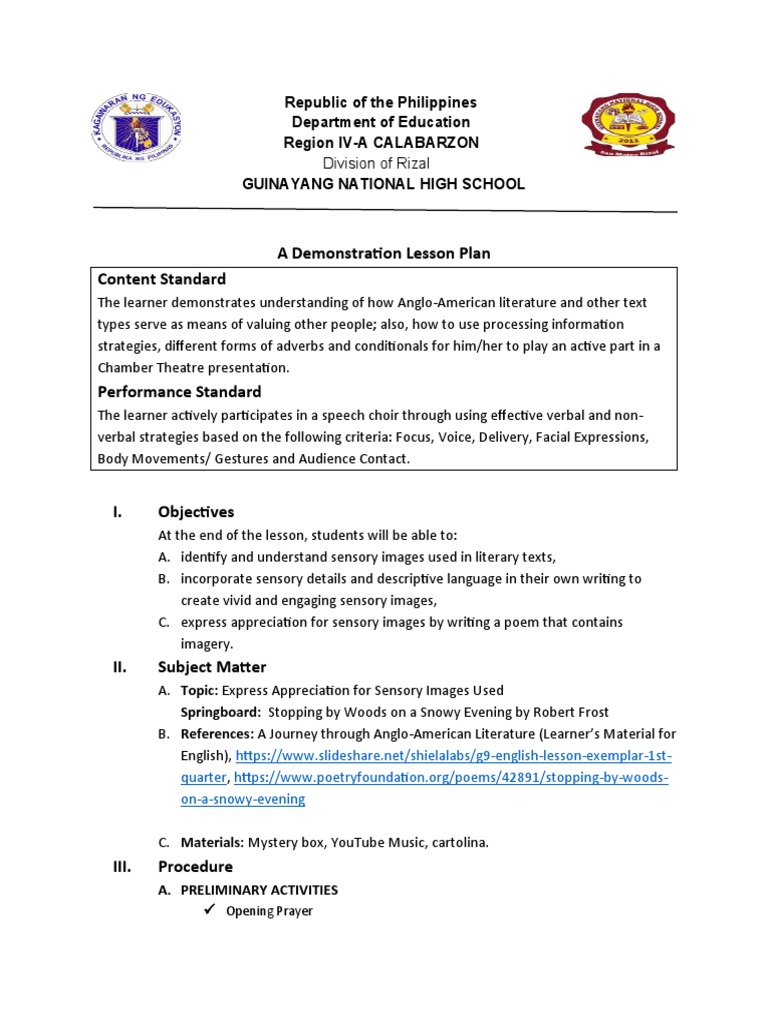 Demonstration Lesson Plan | PDF | Lesson Plan | Senses