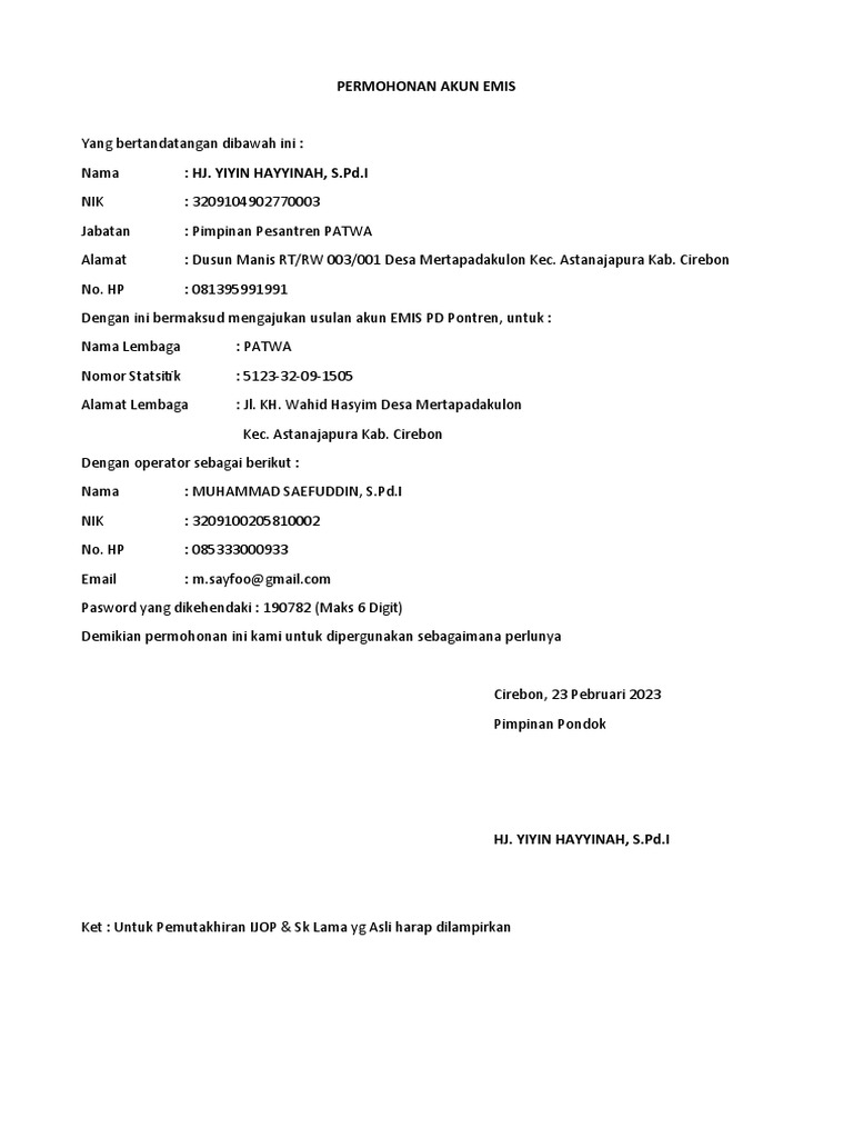 Surat Permohonan Akun Emis | PDF