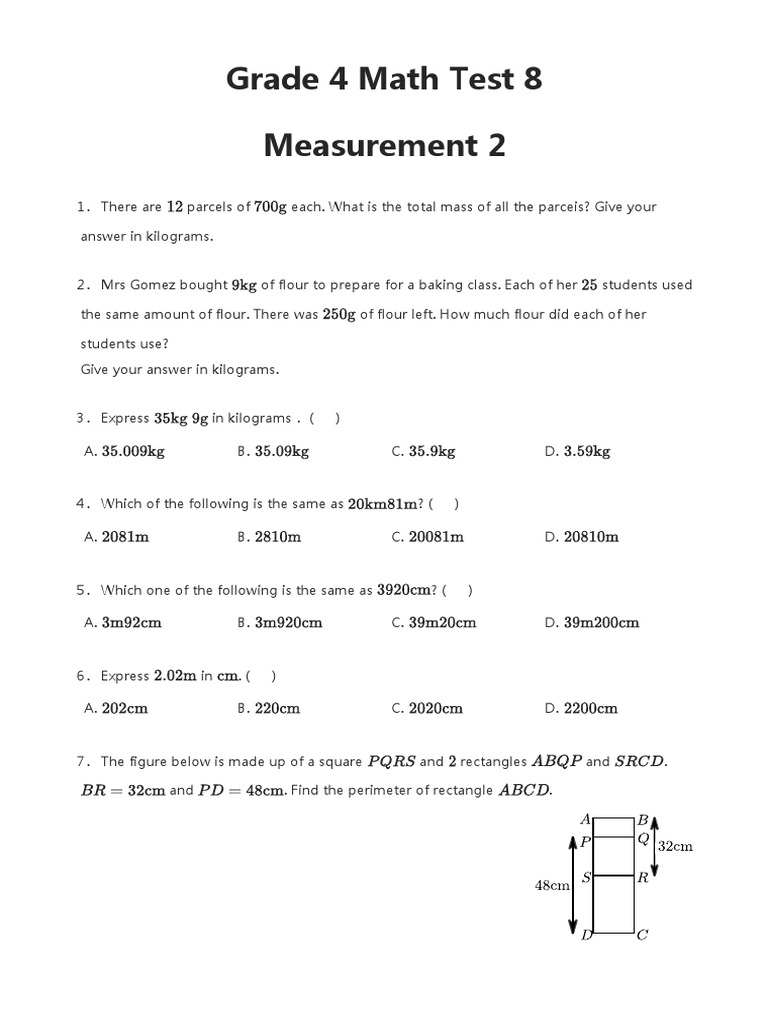 Math Practice 8 Grade 4 | Download Free PDF | Area | Length