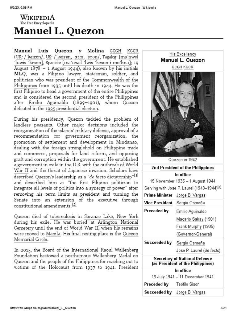 Manuel L. Quezon - Wikipedia | PDF | President Of The Philippines ...