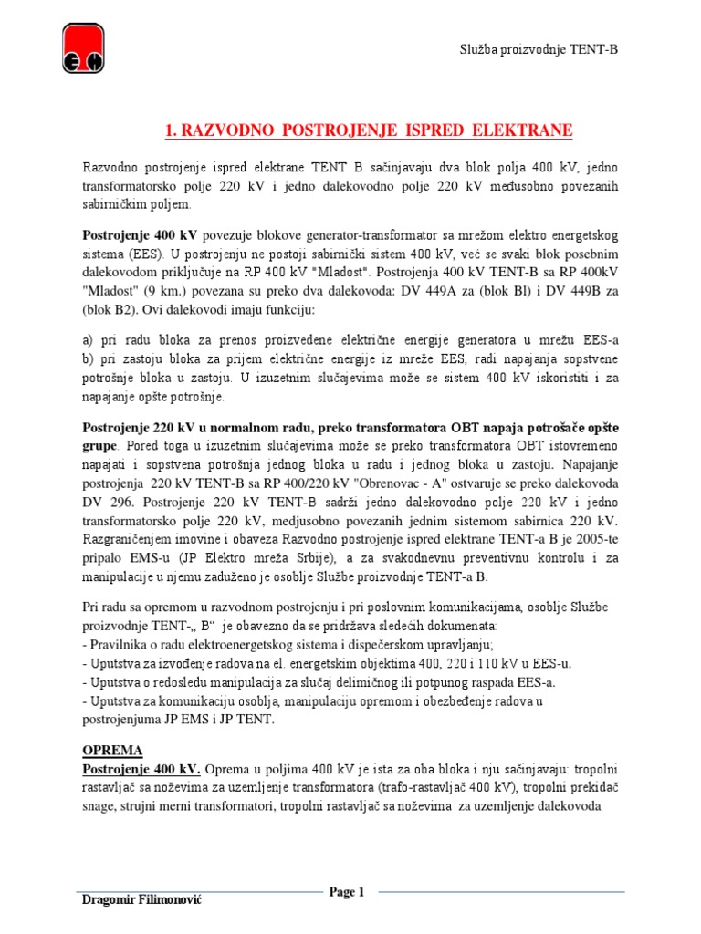Razvodno Postrojenje Ispred Elektrane | PDF