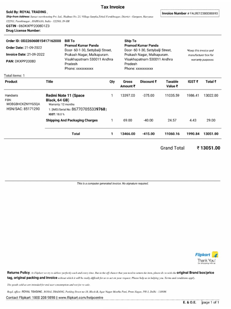Invoice (Redmi Note 11) | PDF