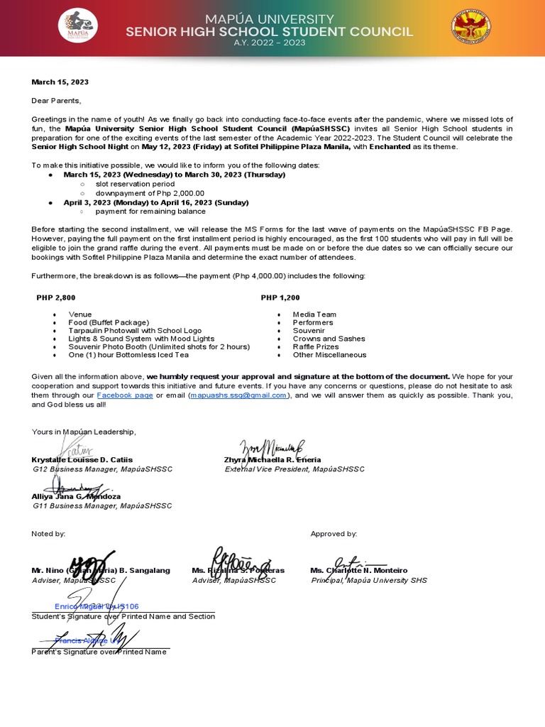 Circular Form Letter To Parents Mapúa SHS Night 2023 | PDF