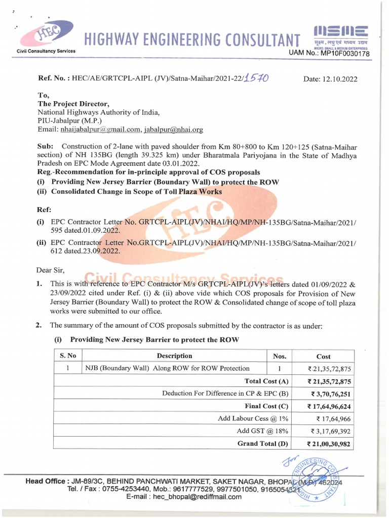 1570 - Consolidated COS For BW & Toll Plaza - PD - HEC | PDF