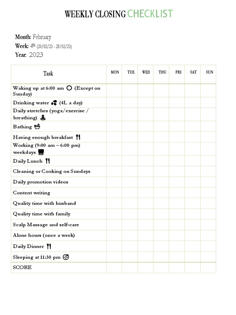 Weekly Closing Checklist for February 2023 | PDF | Career & Growth