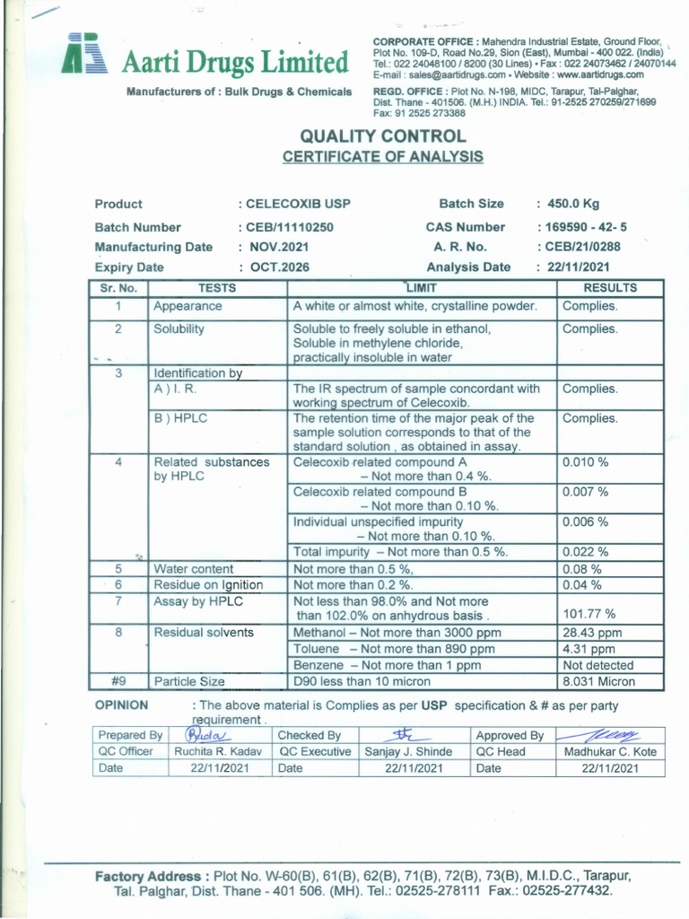 Celecoxib USP Quality Control Certificate | PDF