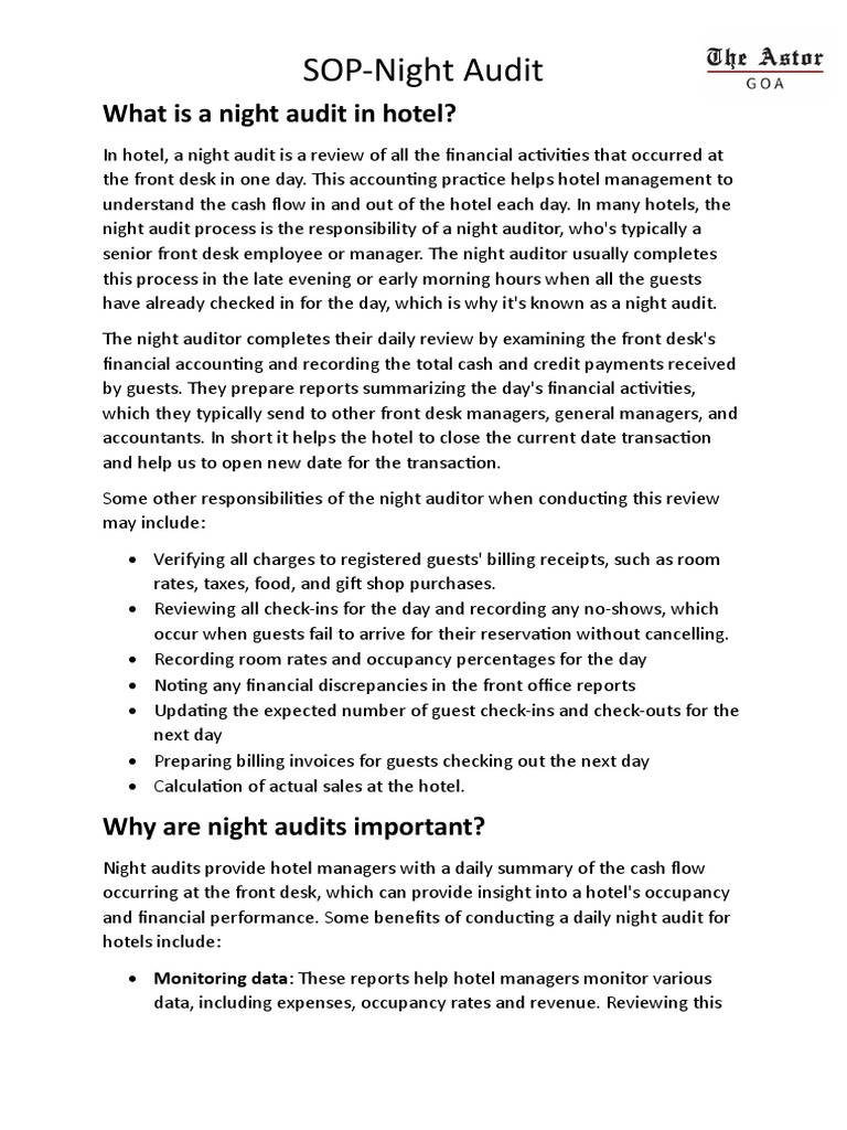 NIGHT AUDIT SOP - Astor Goa | PDF