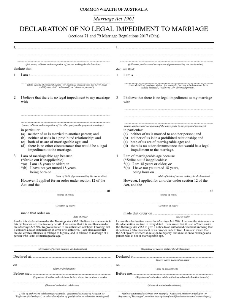 Marriage Declaration Form | PDF | Marriage | Marriage Act 1961 (Australia)