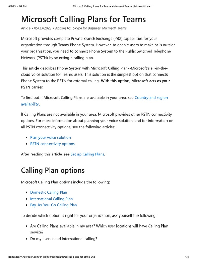 Microsoft Calling Plans for Teams | PDF