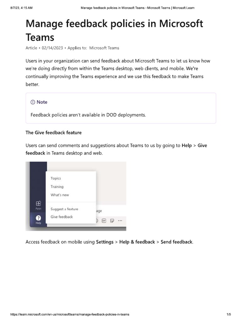 Manage Feedback Policies in Microsoft Teams | PDF