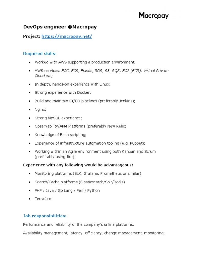 DevOps Engineer Role at Macropay | PDF