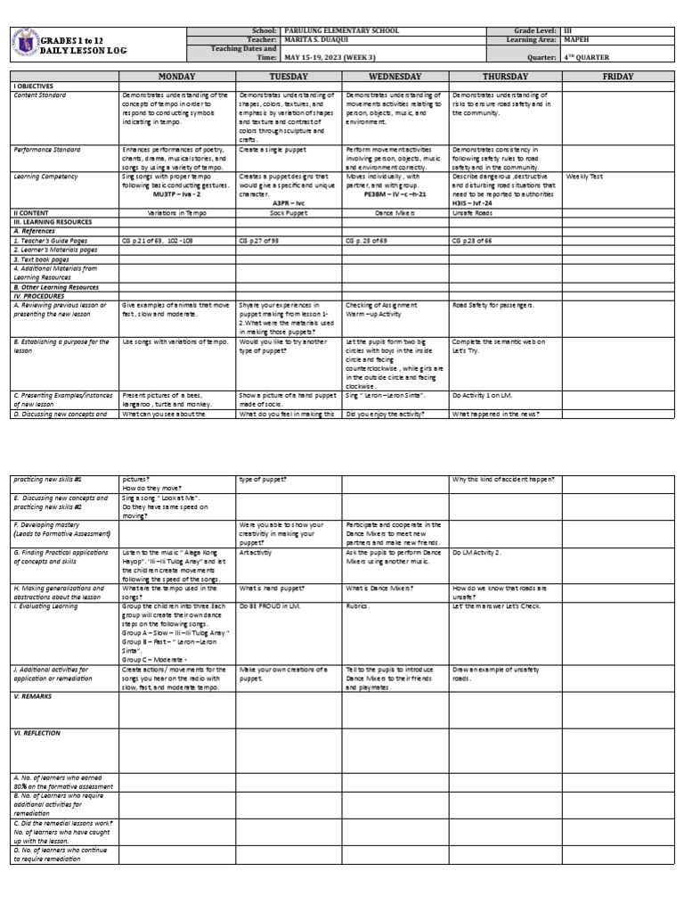 DLL - Mapeh 3 - Q4 - W3 | PDF | Learning | Cognition