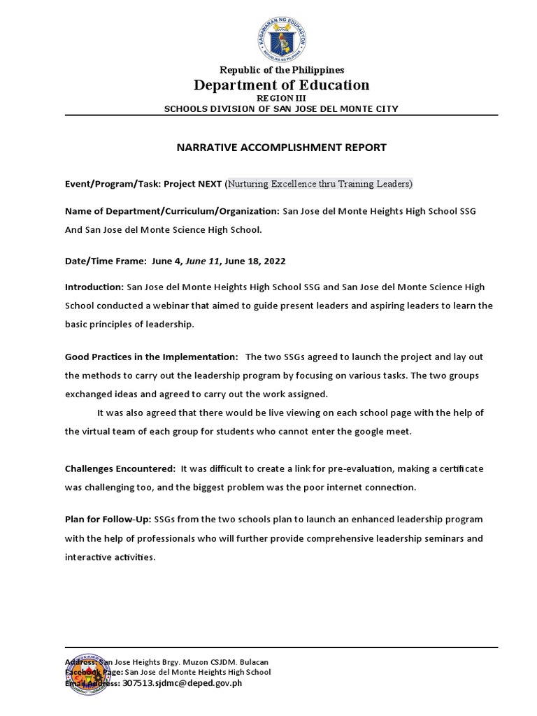 Project NEXT Accomplishment Report | PDF | Leadership | Internet